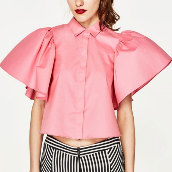 Zara | Tops | Zara Pink Puff Sleeve Open Back Button Down Top | Poshmark